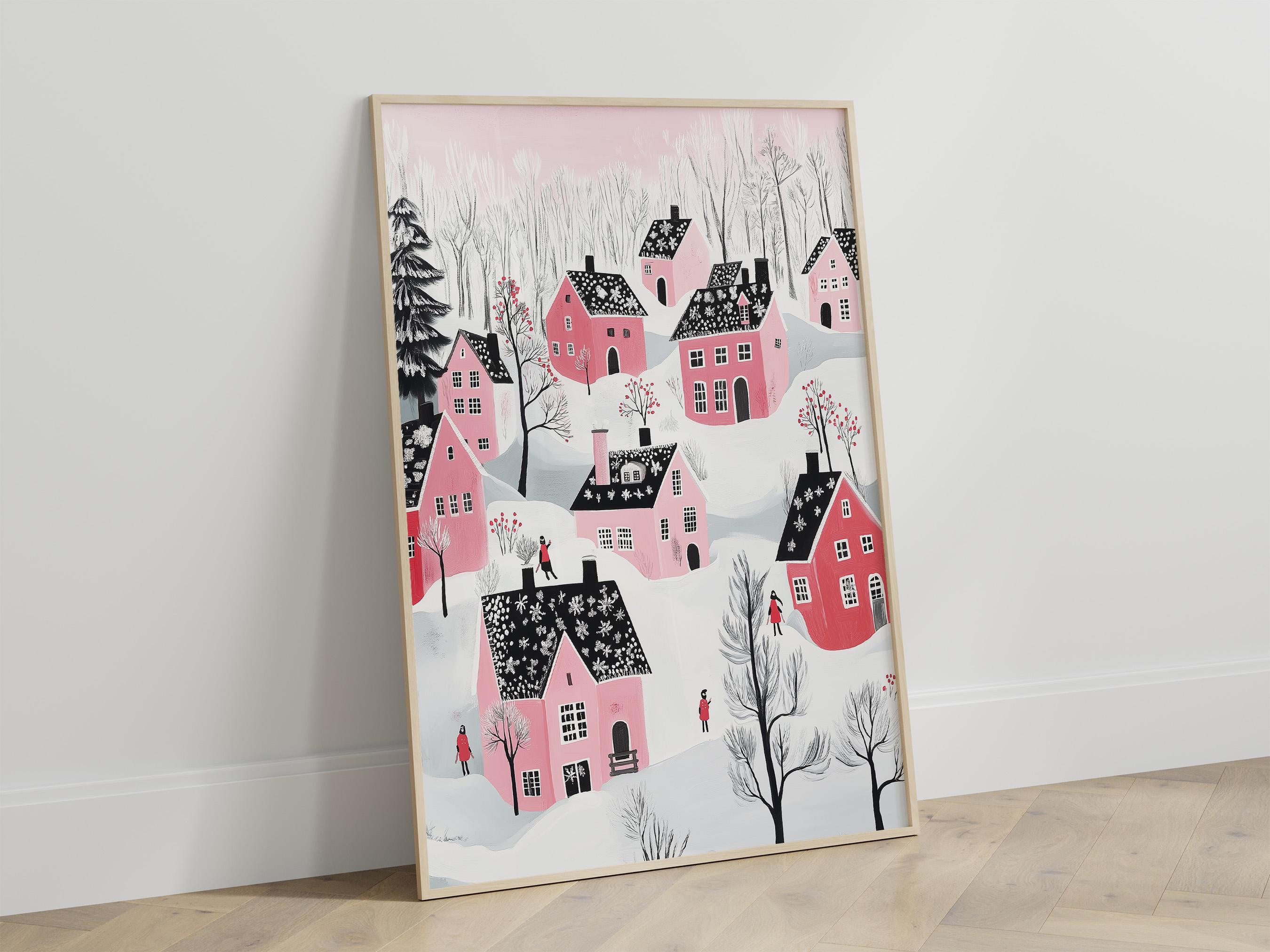 Pink Houses in a Snowy Valley Pastel Winter Decor Preppy Poster Digital ...