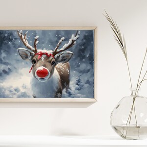 Cute Reindeer With Red Nose and Bow Horizontal Painting | Digital ...