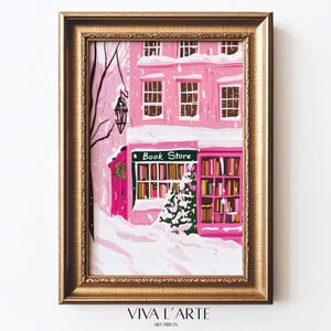 Pink Winter Bookstore Digital Printable Wall Art – Cozy Christmas Decor ...