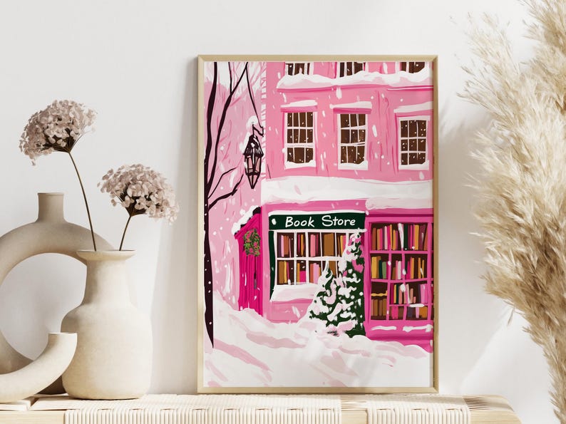 Pink Winter Bookstore Digital Printable Wall Art – Cozy Christmas Decor ...