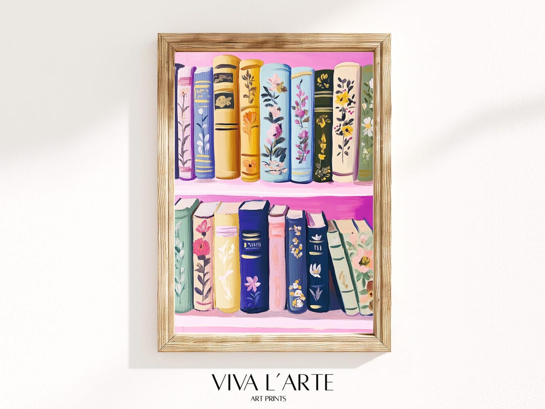 Cute Book Stack Art Print, Colorful Spring Pink Wall Art, Whimsical ...