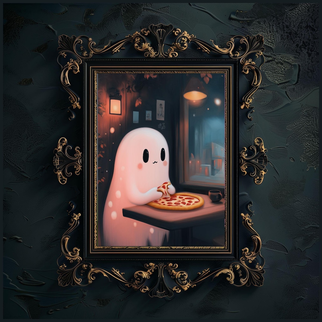 Cute Ghost Eating Pizza Art Print | Retro Spooky Season Wall Art ...
