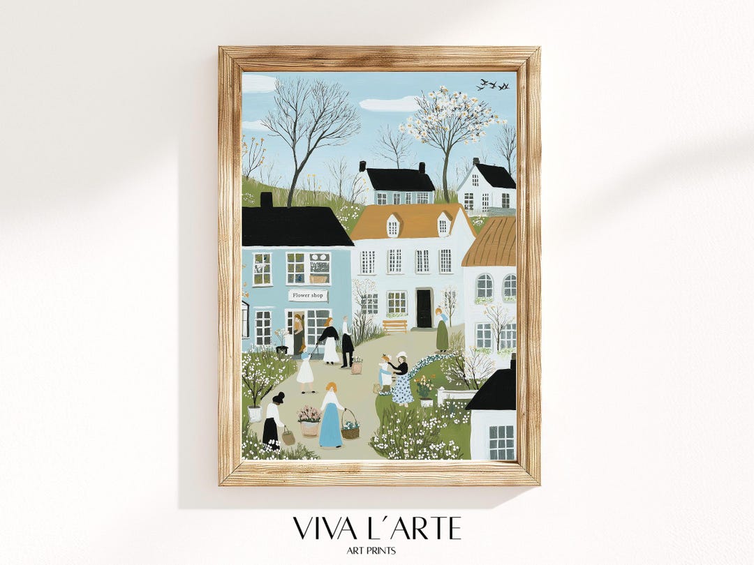Spring Village Art Print, Vintage Countryside Illustration, Whimsical ...