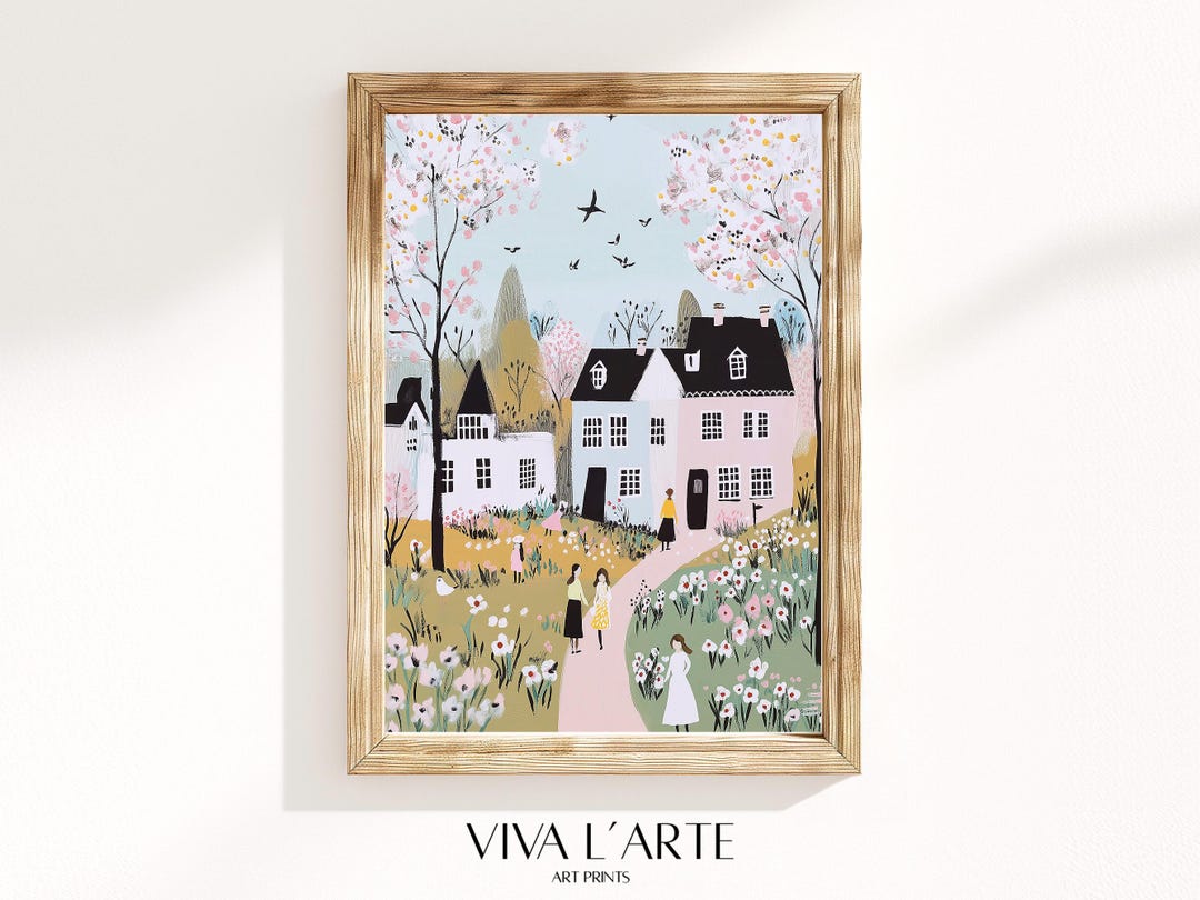 Spring Village Art Print, Vintage Countryside Illustration, Whimsical ...
