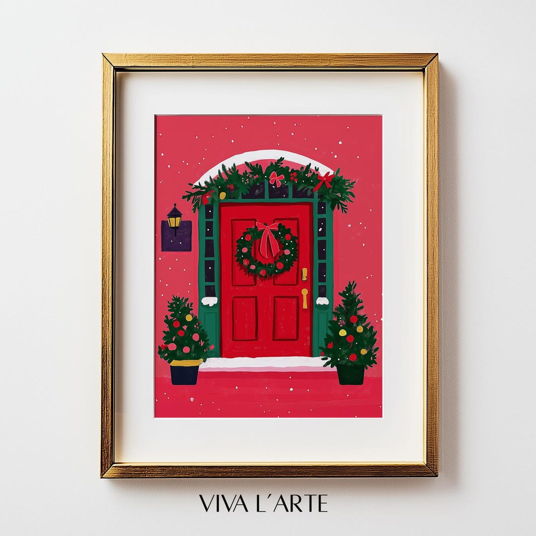 Festive Red Christmas Door Art Print | Modern Christmas Wall Art ...
