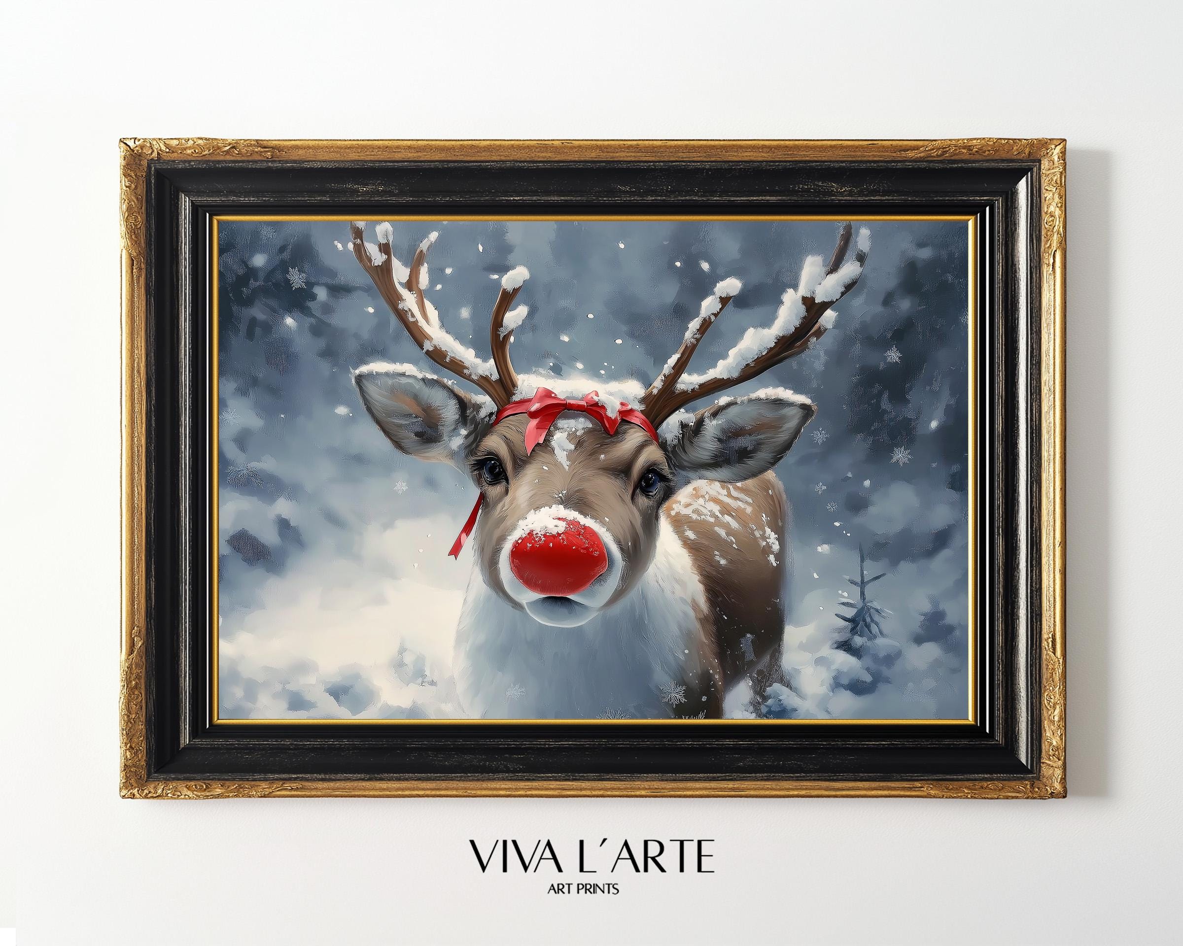 Cute Reindeer With Red Nose and Bow Horizontal Painting | Digital ...