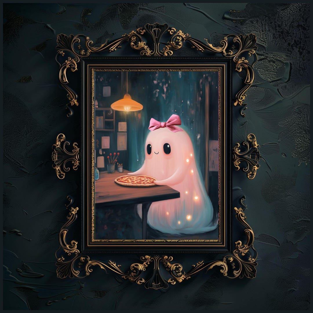 Pink Ghost Eating Pizza Print | Cute Retro Spooky Season Wall Art | Fun ...