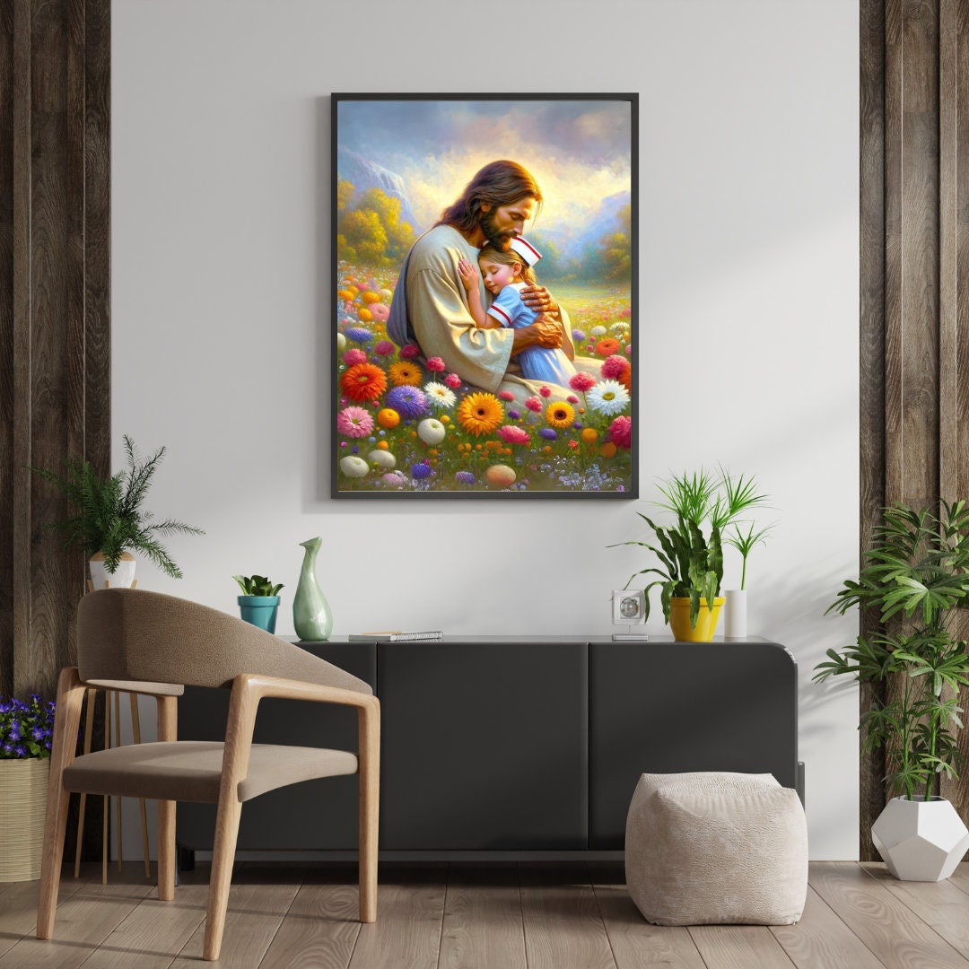 Jesus Christ Hugging Nurse Child in Meadow Flower Printable Art, Oil ...