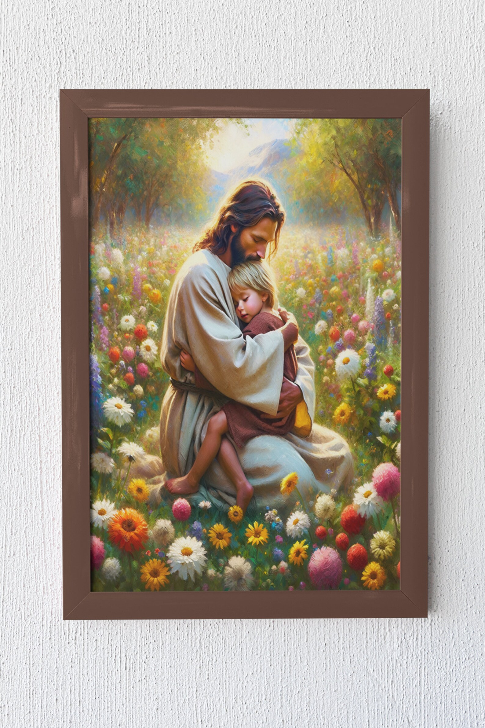 Jesus Christ Hugging Child in Meadow Flower Printable Art, Oil Painting ...