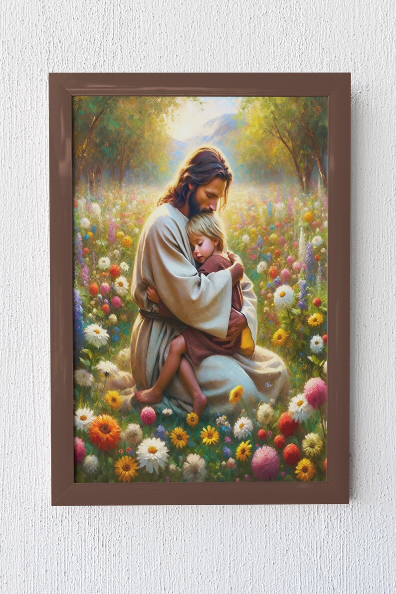 Jesus Christ Hugging Child in Meadow Flower Printable Art, Oil Painting ...