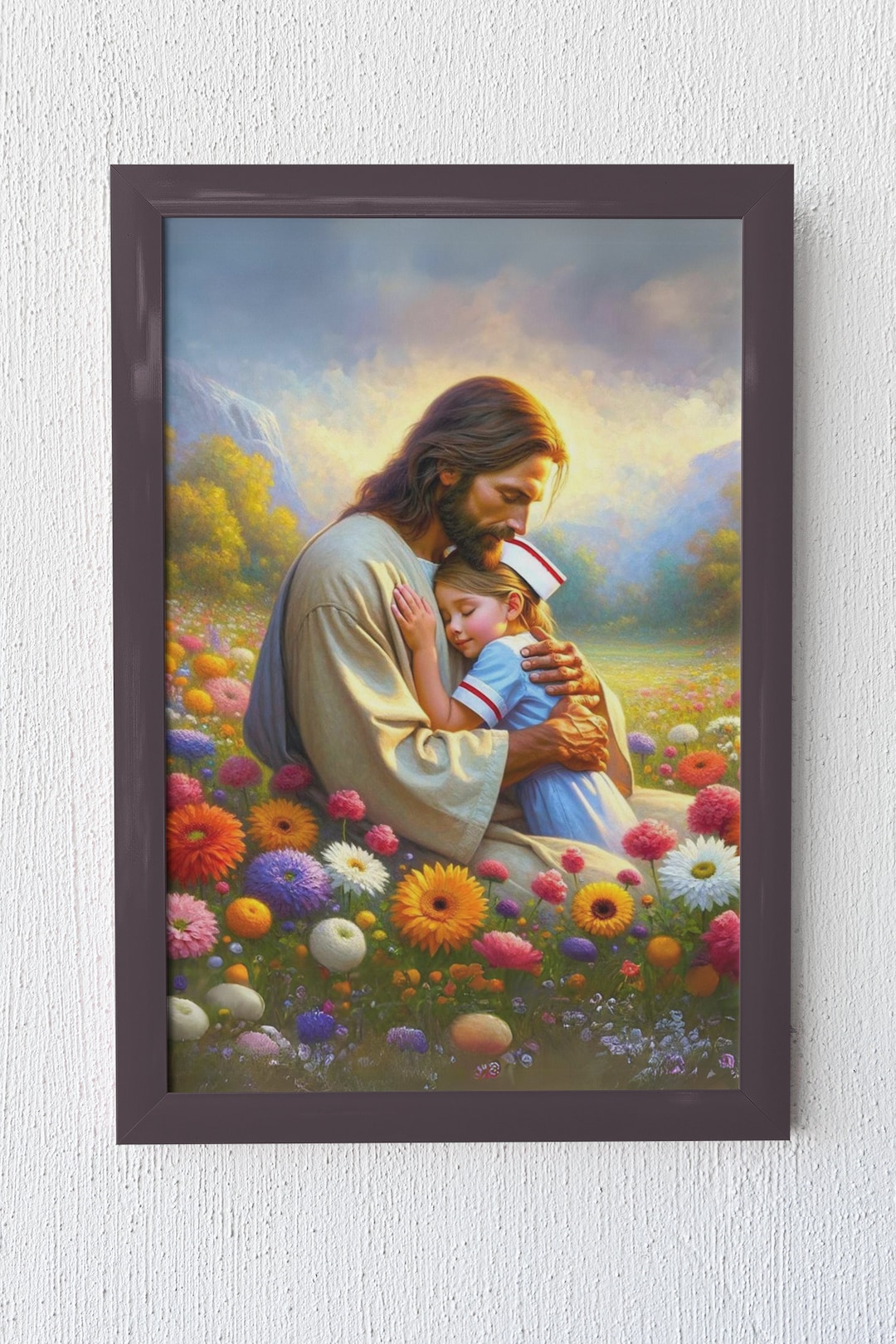 Jesus Christ Hugging Nurse Child in Meadow Flower Printable Art, Oil ...