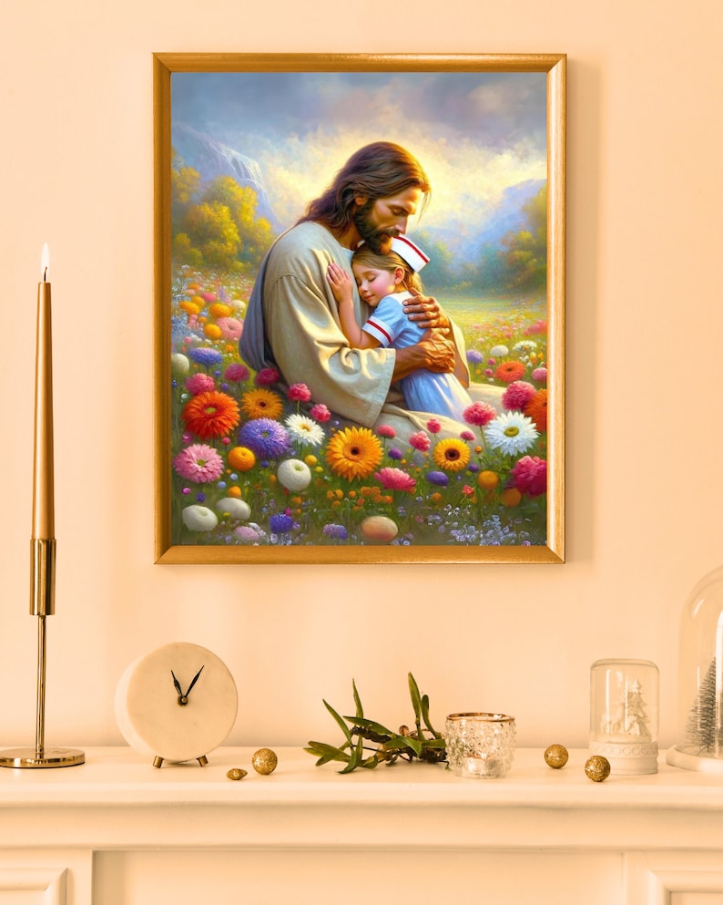 Jesus Christ Hugging Nurse Child in Meadow Flower Printable Art, Oil ...