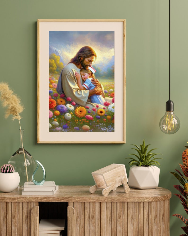 Jesus Christ Hugging Nurse Child in Meadow Flower Printable Art, Oil ...