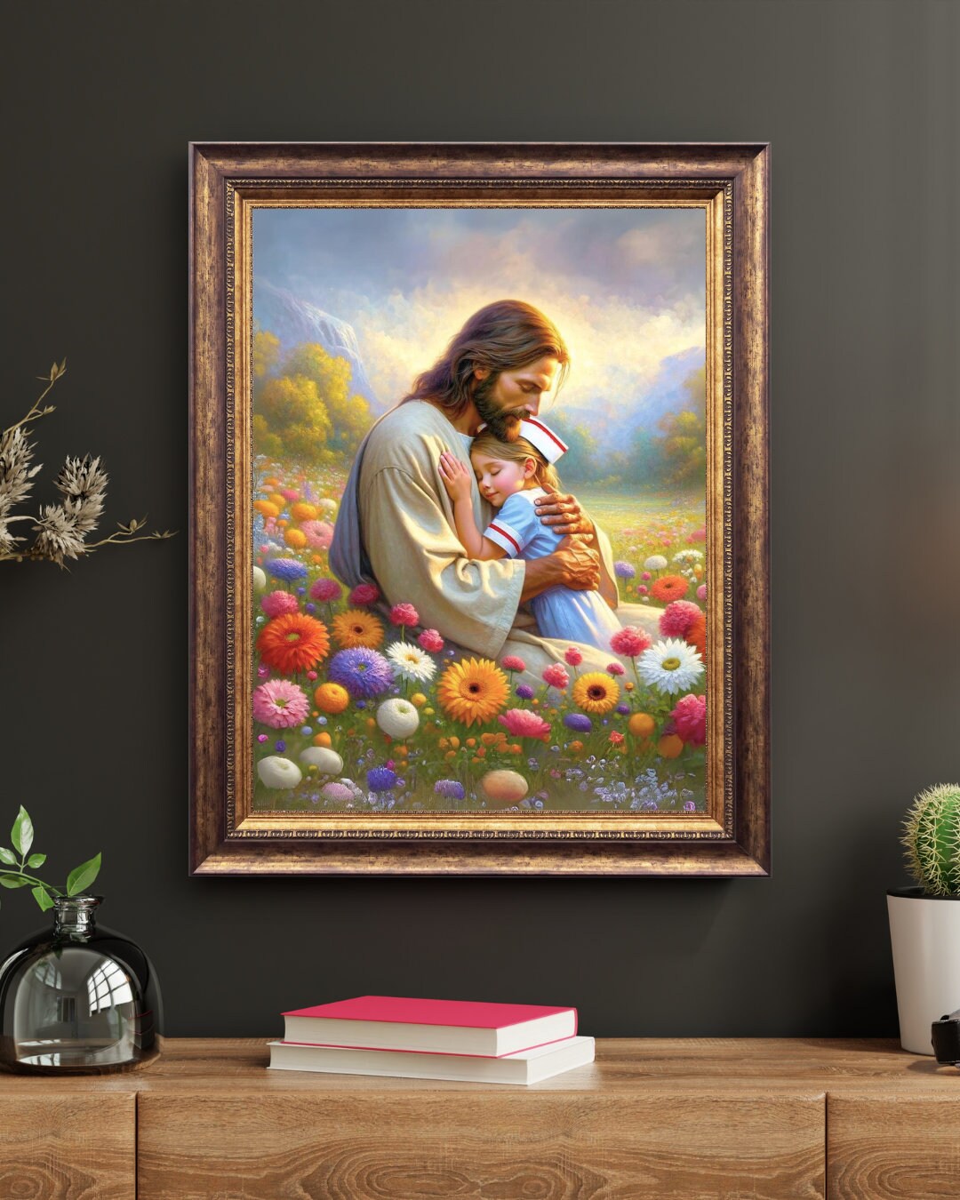 Jesus Christ Hugging Nurse Child in Meadow Flower Printable Art, Oil ...