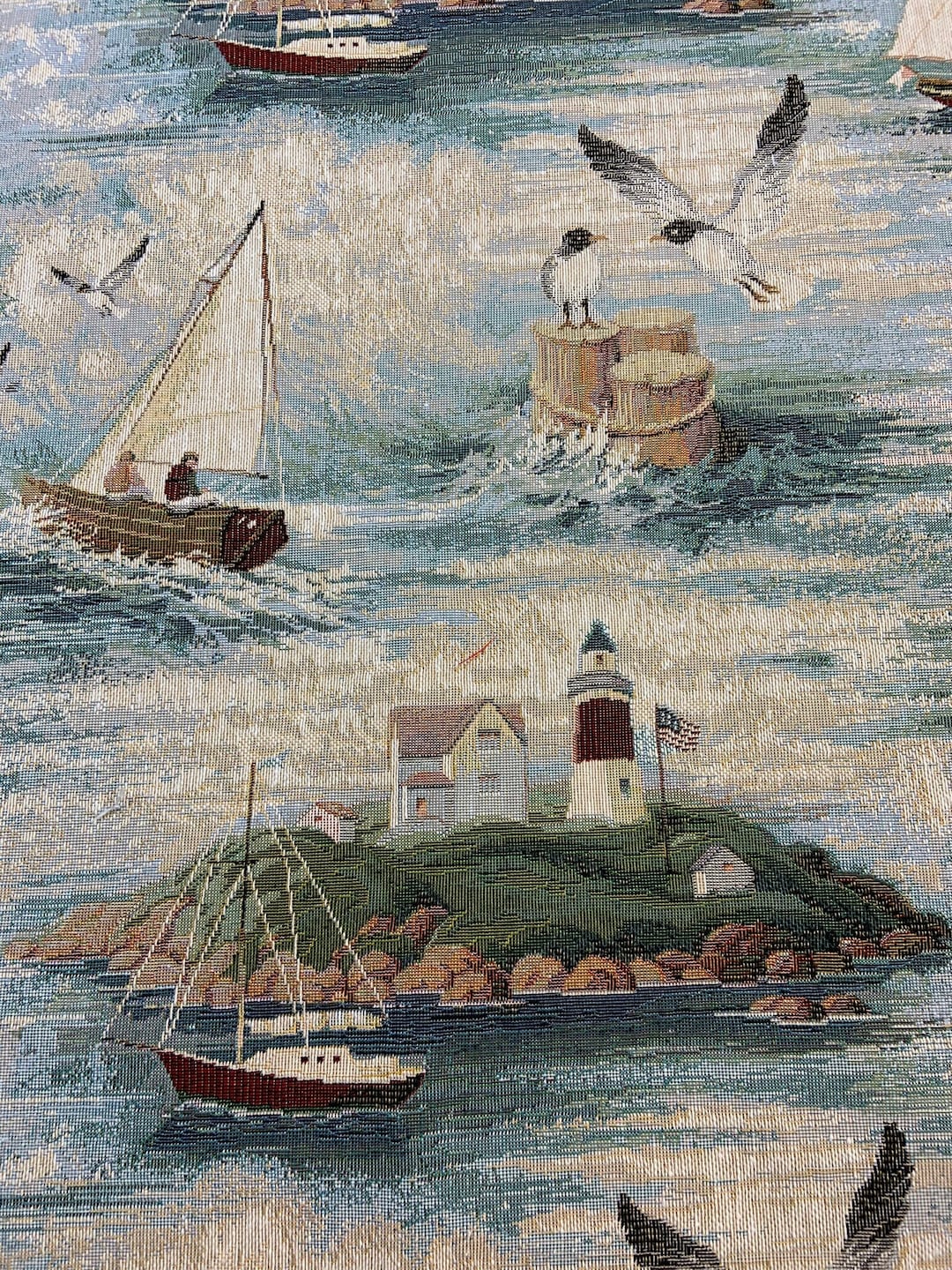 Seascape Tapestry Fabric by the Yard Lighthouse Ocean Sailboats ...
