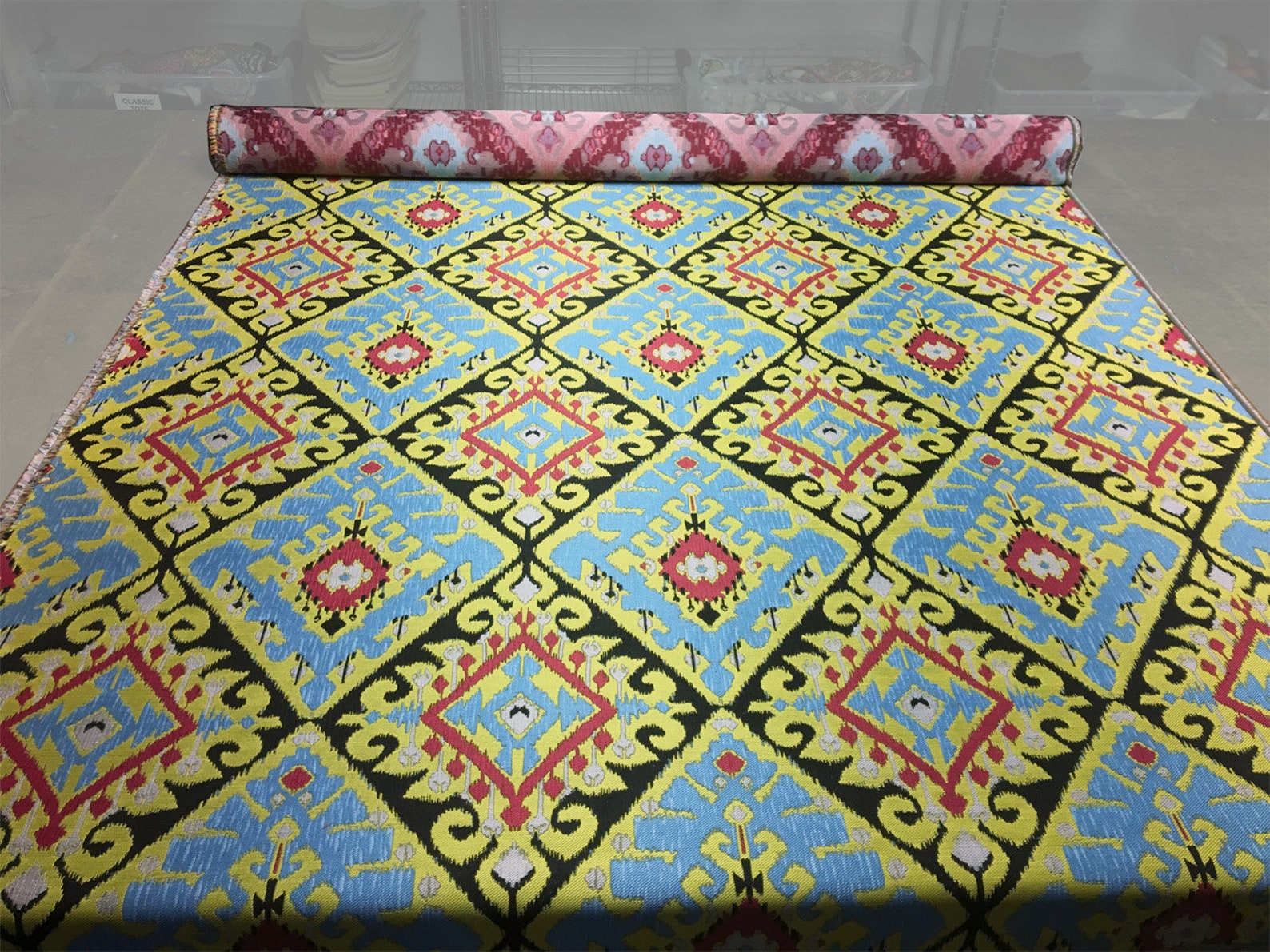 Tapestry Upholstery Fabric by the Yard Blue Red Chartreuse Black Woven ...