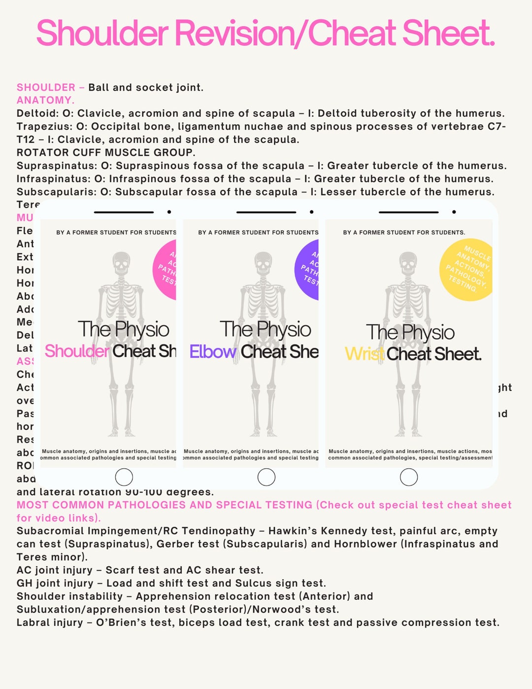 Essential Upper Limb Cheat Sheet Bundle for Physiotherapy Physical Therapy Nursing. Free Gift ...
