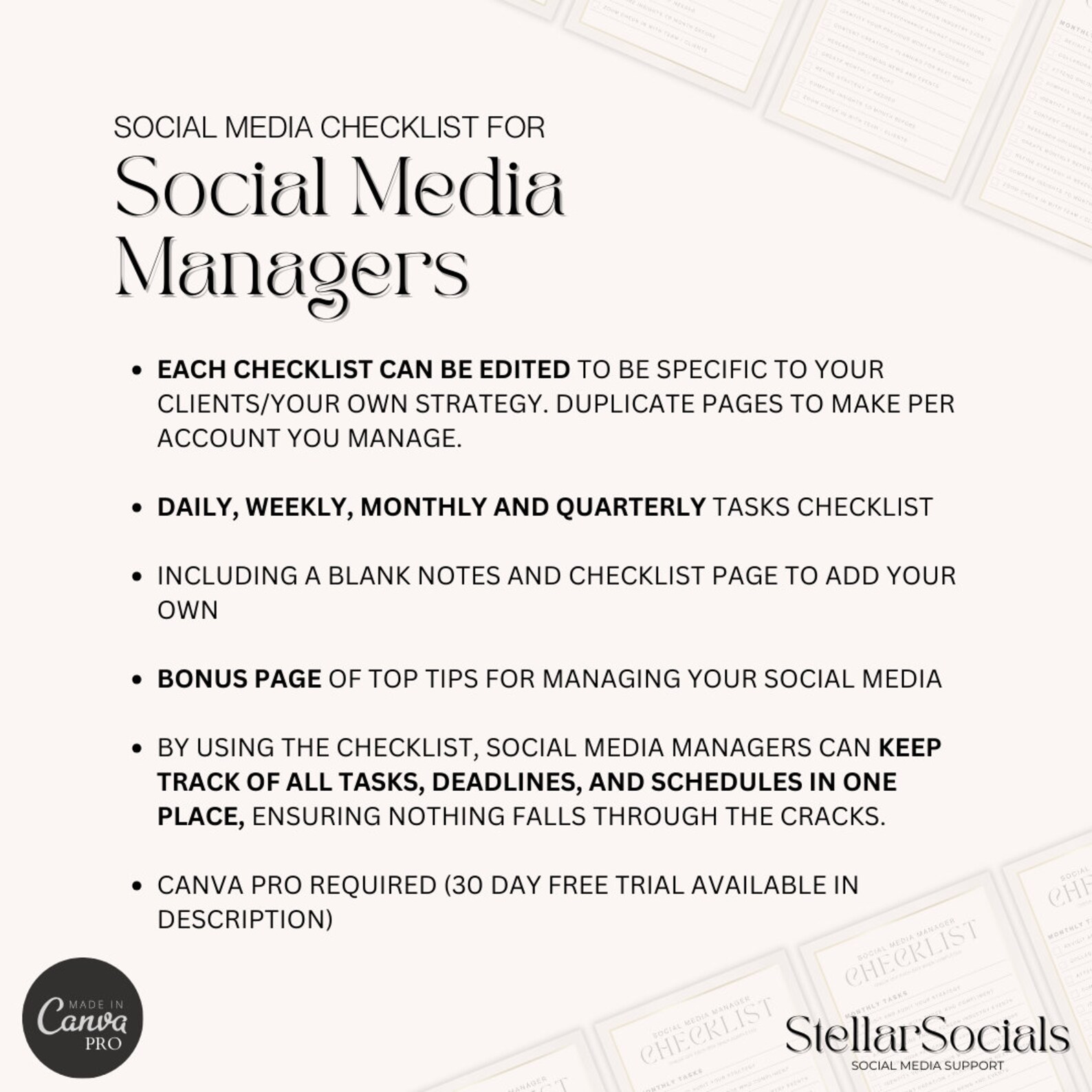 Editable Social Media Manager Checklist | Printable Checklist | Daily ...