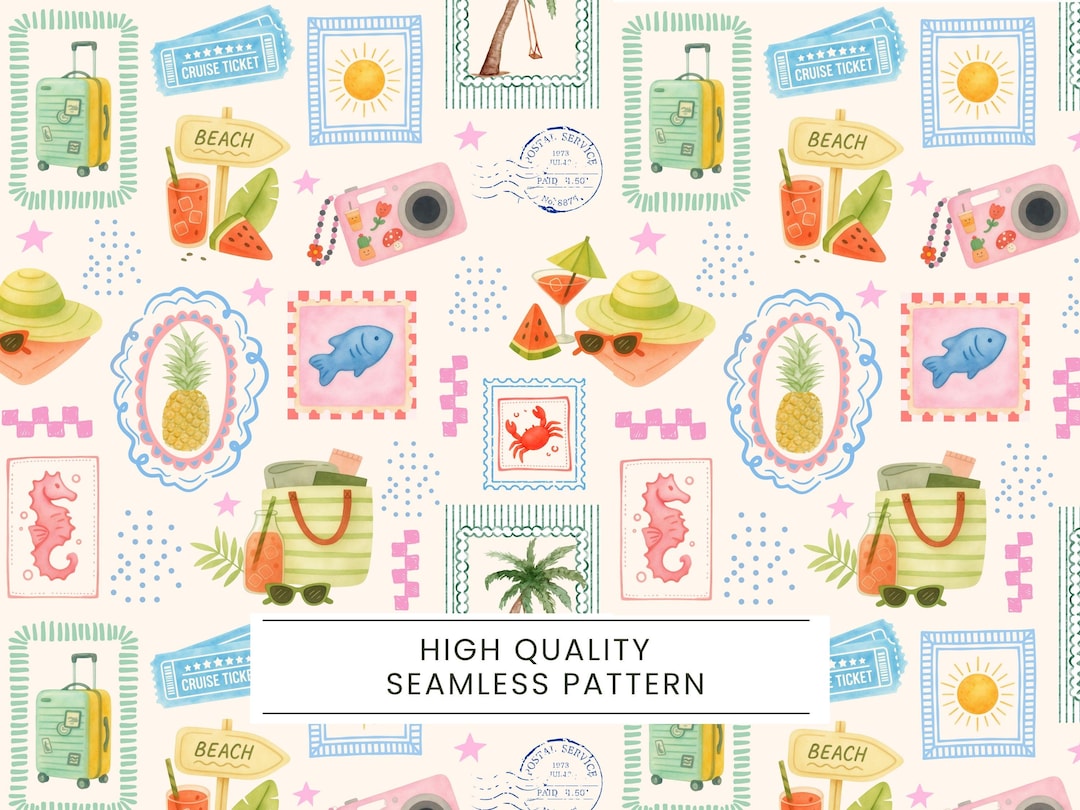 Mediterranean tropical summer seamless pattern, Vintage Beach Patchwork ...