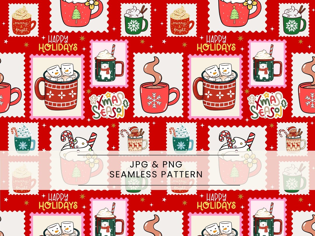 Christmas Hot Cocoa Frames Seamless Pattern, Holiday Mug Digital Paper ...