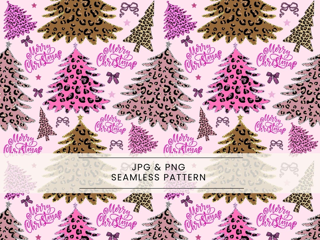 Leopard Print Christmas Trees Seamless Pattern, Pink Glitter Coquette ...