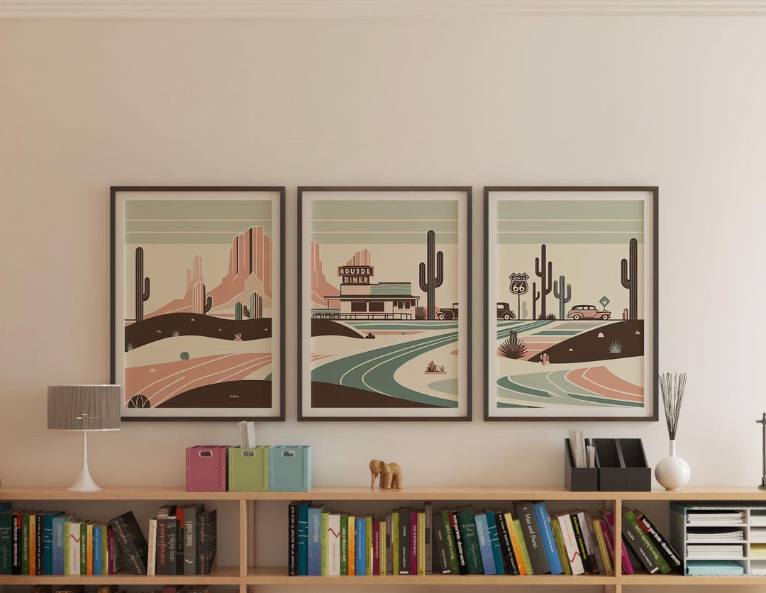Minimalist Route 66 Triptych | Abstract Desert Cacti Diners Wall Art ...