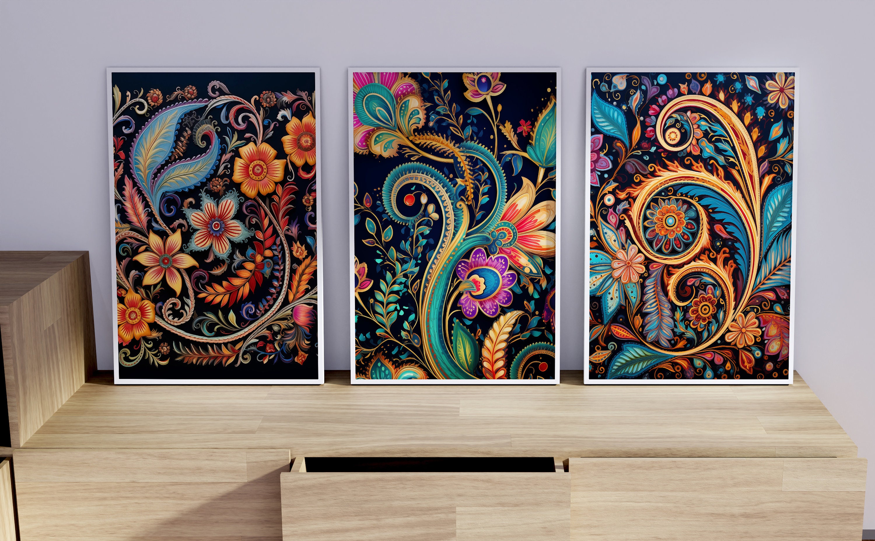 Embroidered Flower Wall Art Set of 3 | Floral Digital Prints | Abstract ...
