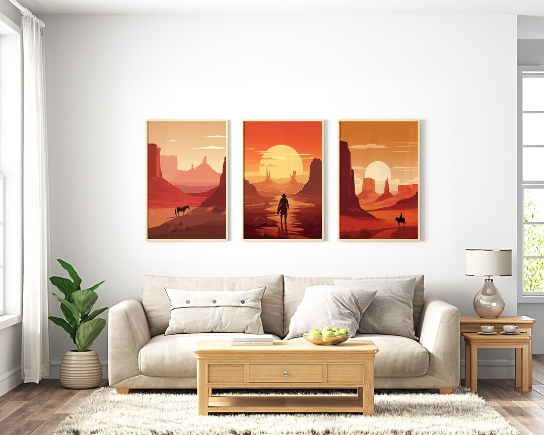 Wild West Wall Art Set of 3 | Cowboy Sunset Scenes | Vintage Desert ...