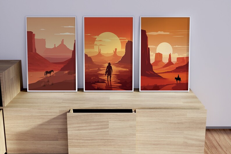 Wild West Wall Art Set of 3 | Cowboy Sunset Scenes | Vintage Desert ...