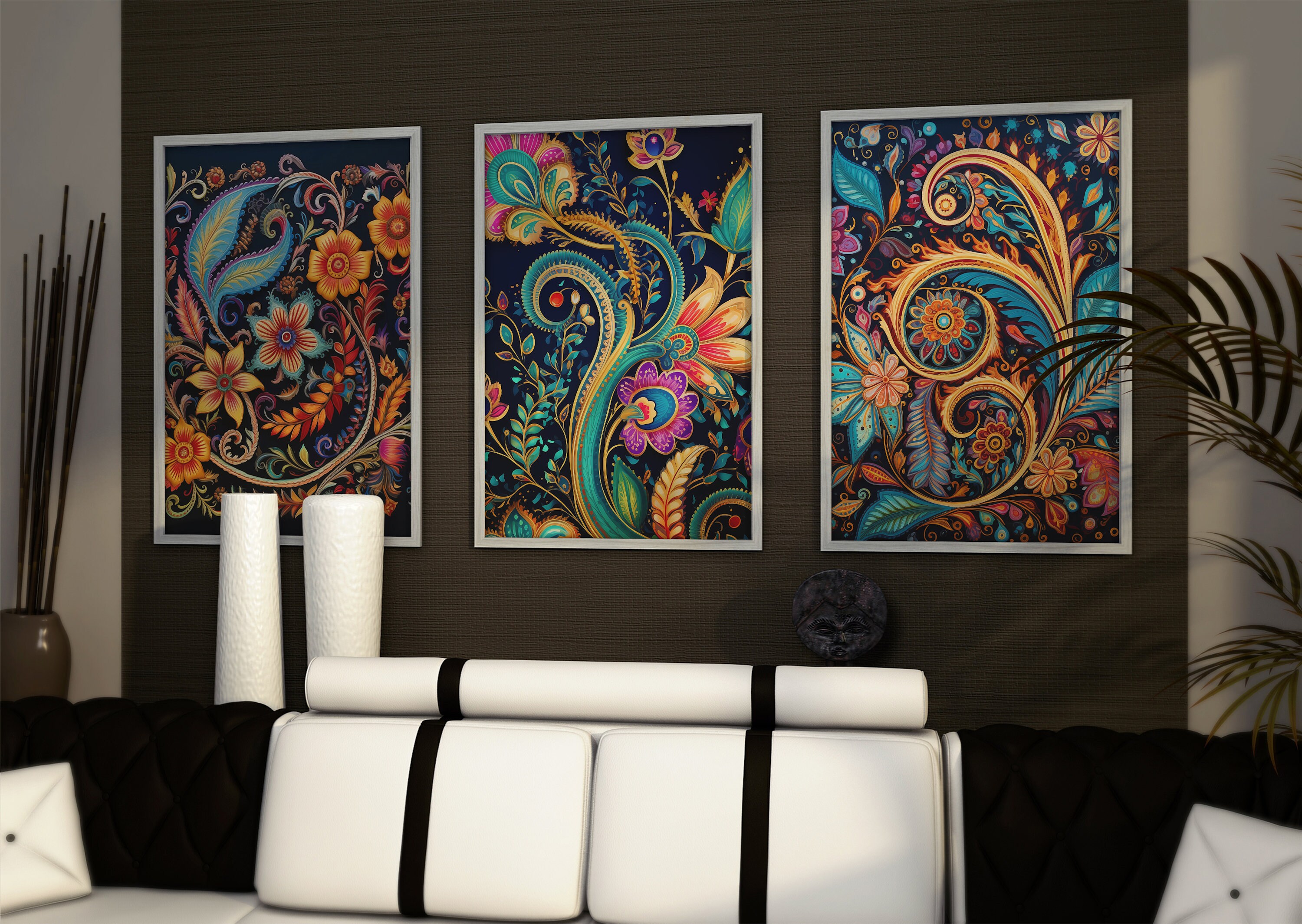 Embroidered Flower Wall Art Set of 3 | Floral Digital Prints | Abstract ...