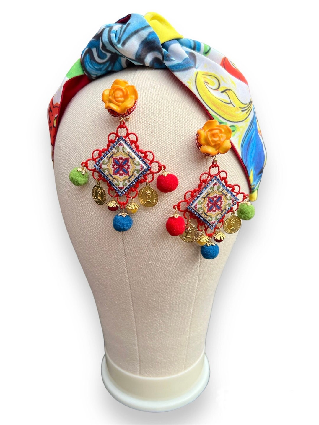 Sicilian Jewelry Set Majolica Headband Dolce Vita Summer Turban Pom Pom ...