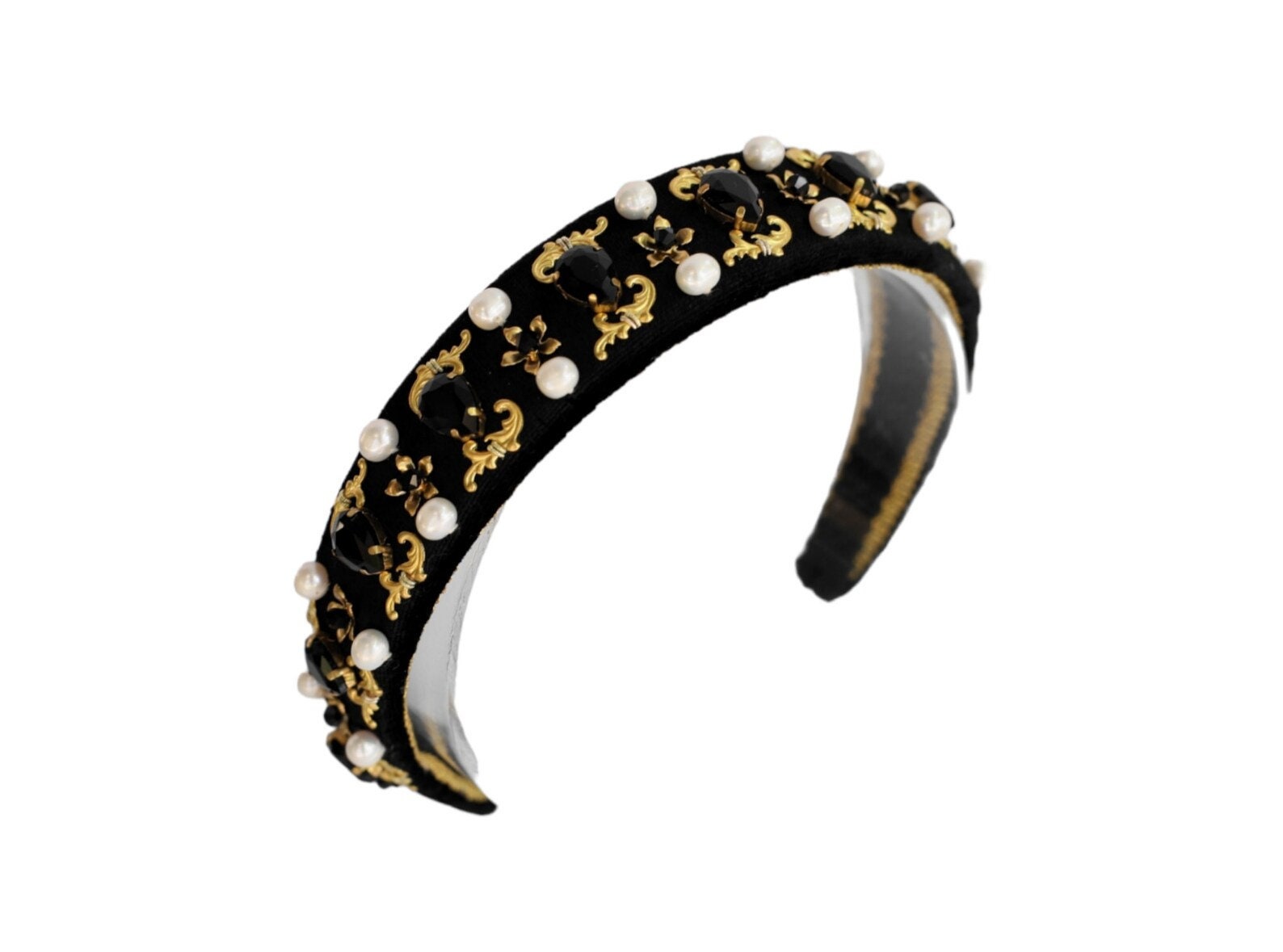 Baroque Velvet Womens Headband Black Embellished Pearl Crystal Hair ...
