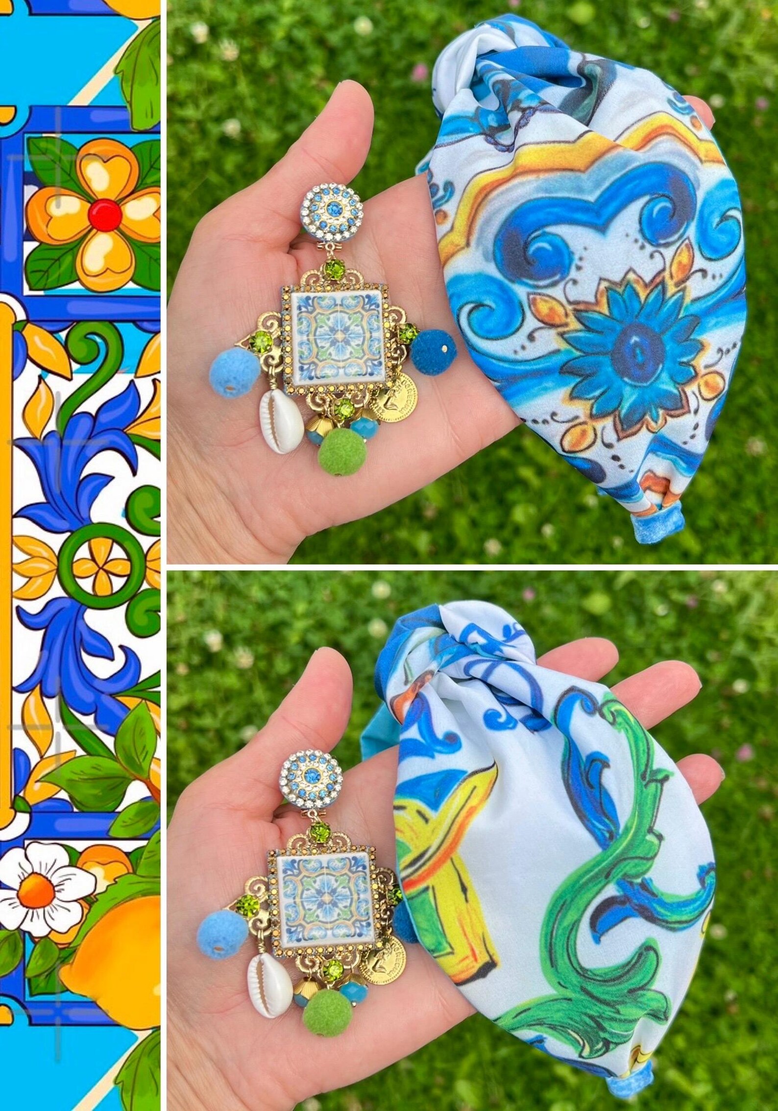 Sicilian Summer Jewelry Set Dolce Vita Fabric Headband Italian Majolica ...
