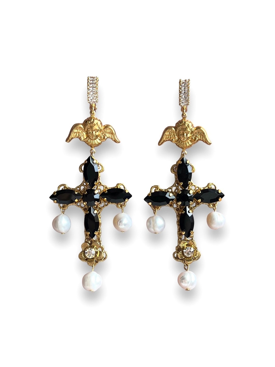 Baroque Cross Earrings Dolce Vita Style 18K Black Crystal Byzantine ...