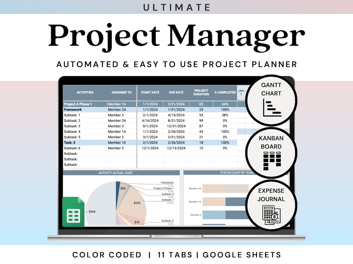 Project Management Template Project Activity Planner & Tracker Gantt ...