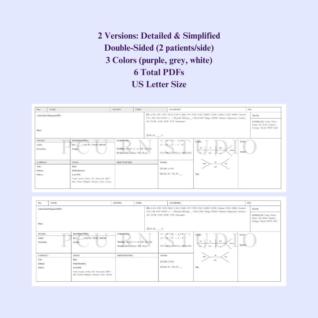 Nurse 4 Patient Report Sheet Brain for Telemetry, PCU Step-down, Med ...