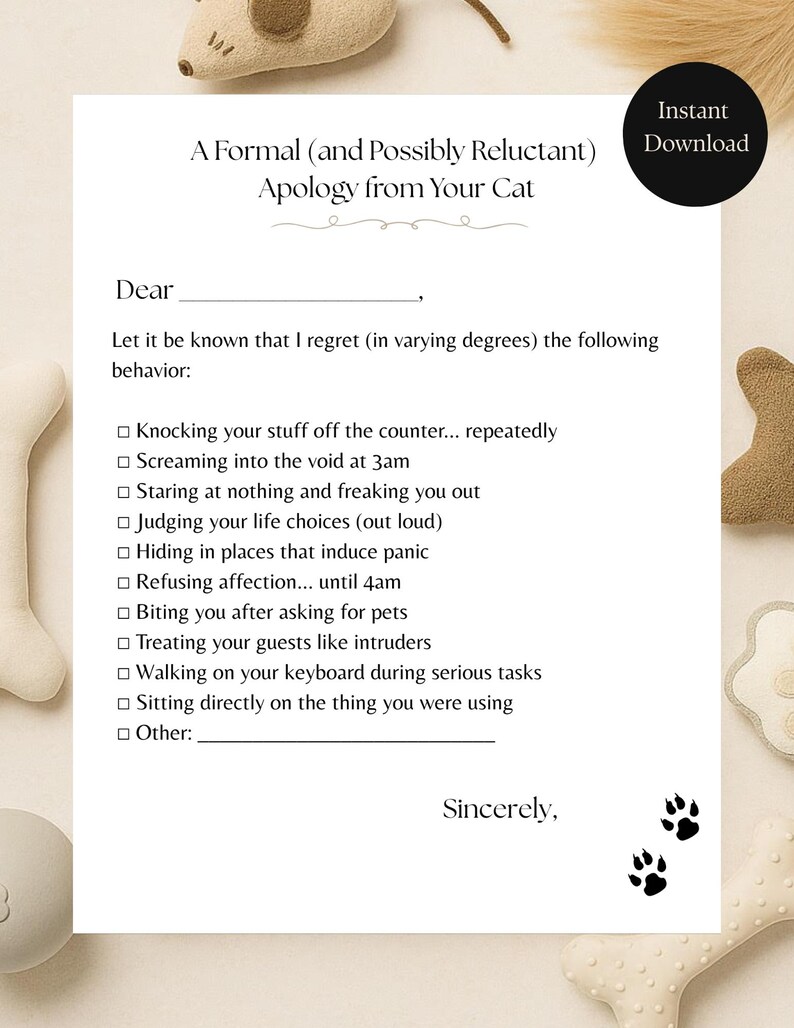Funny Cat Apology Letter - Printable Pet Confession - Silly Cat Note ...