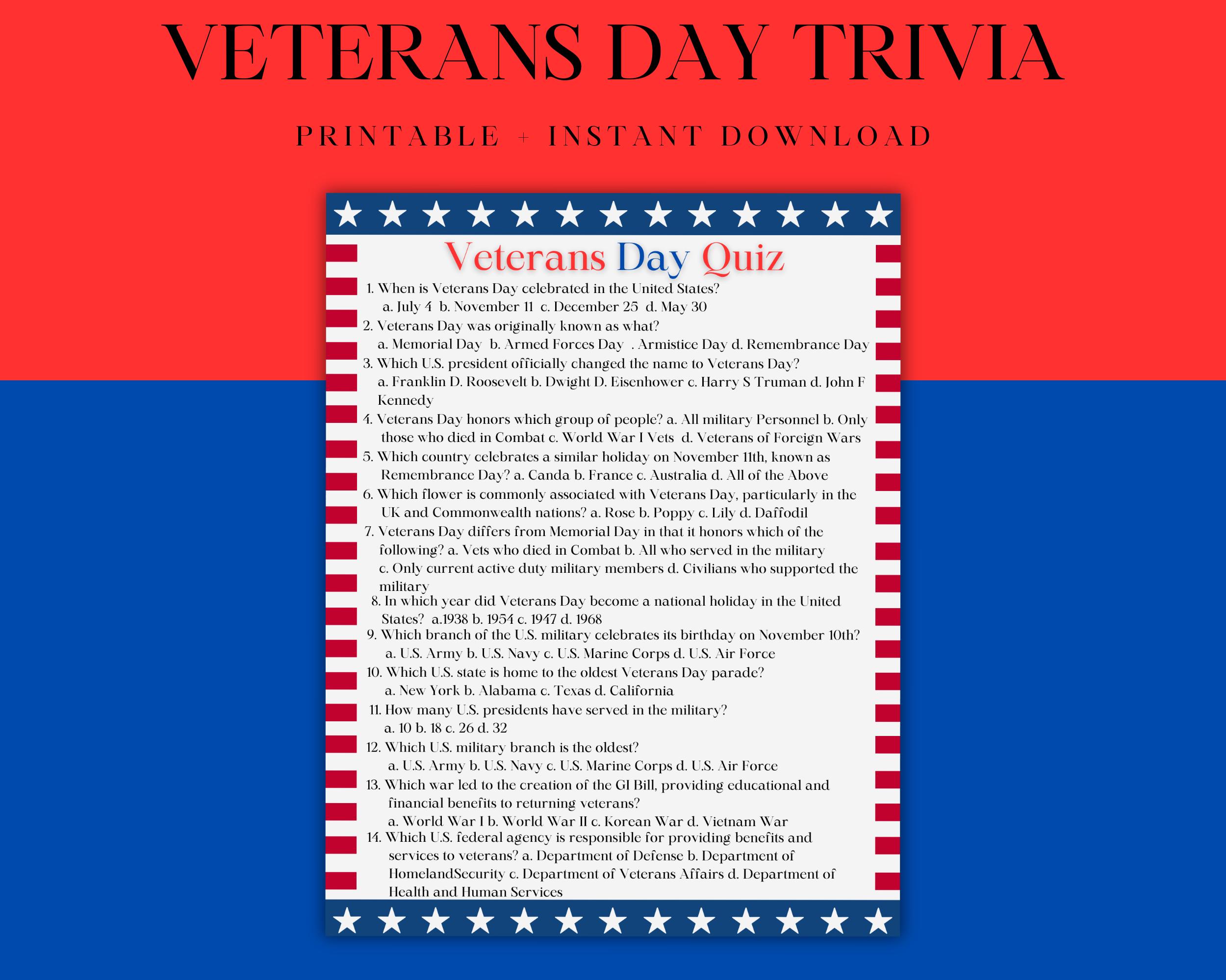 Veterans Day Trivia Veterans Day Quiz Classroom Games Church Activity ...