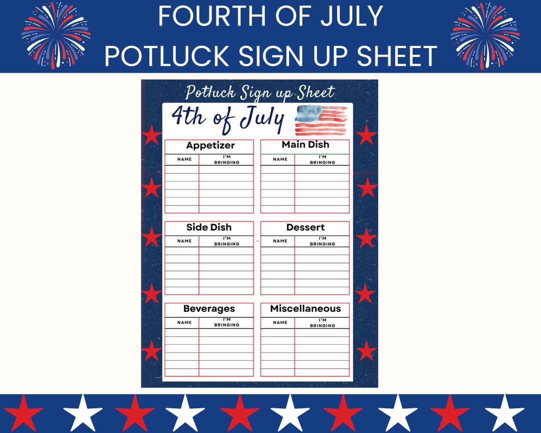 Fourth of July Potluck Sign up Sheet: Independence Day BBQ (PDF ...