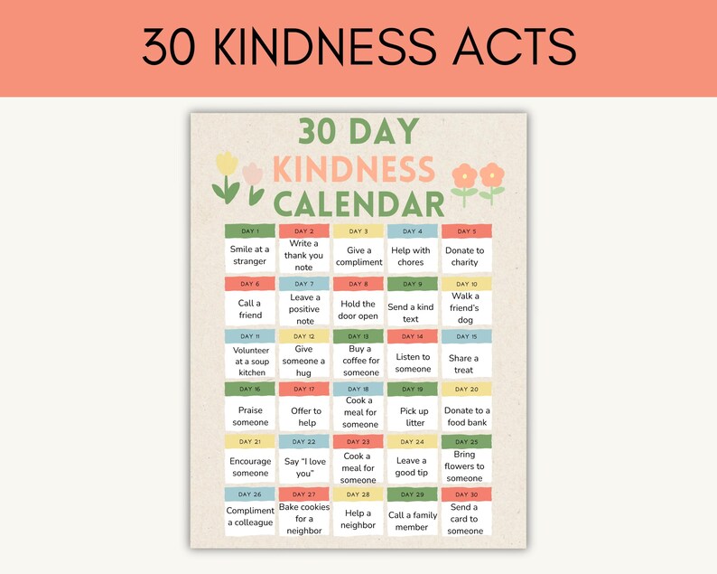 30 Day Kindness Calendar Printable - Etsy