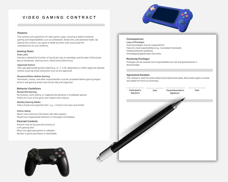 Video Gaming Contract - House Rules - Video Rules - Screen Time Rules - Parent Teen Agreement ...