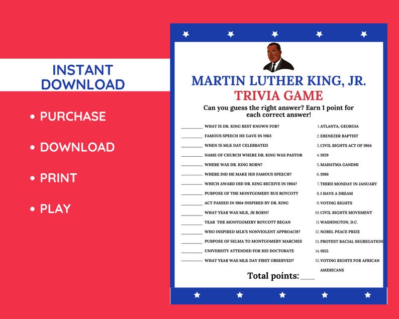 Martin Luther King Trivia Game MLK Day Trivia Classroom Activity ...