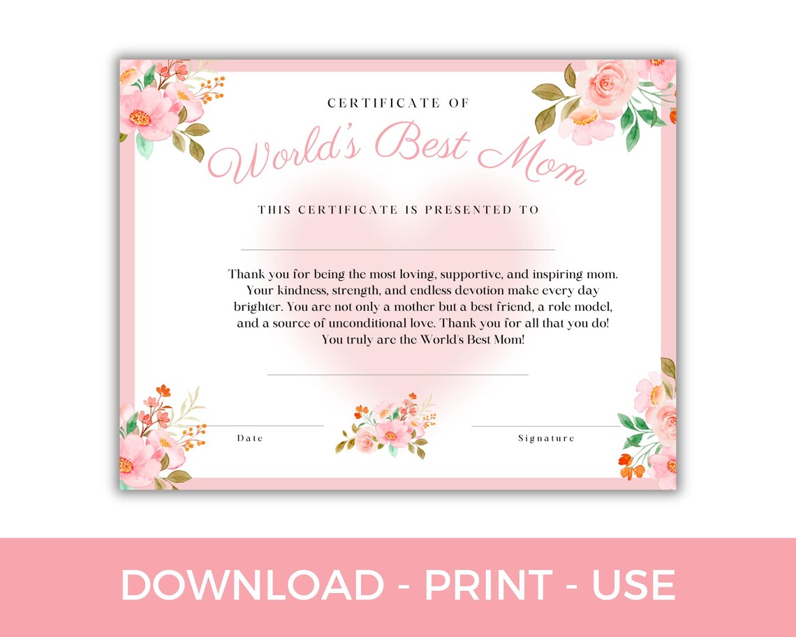 Mother's Day Certificate - World's Best Mom Award - Celebrate Mom - Mom ...