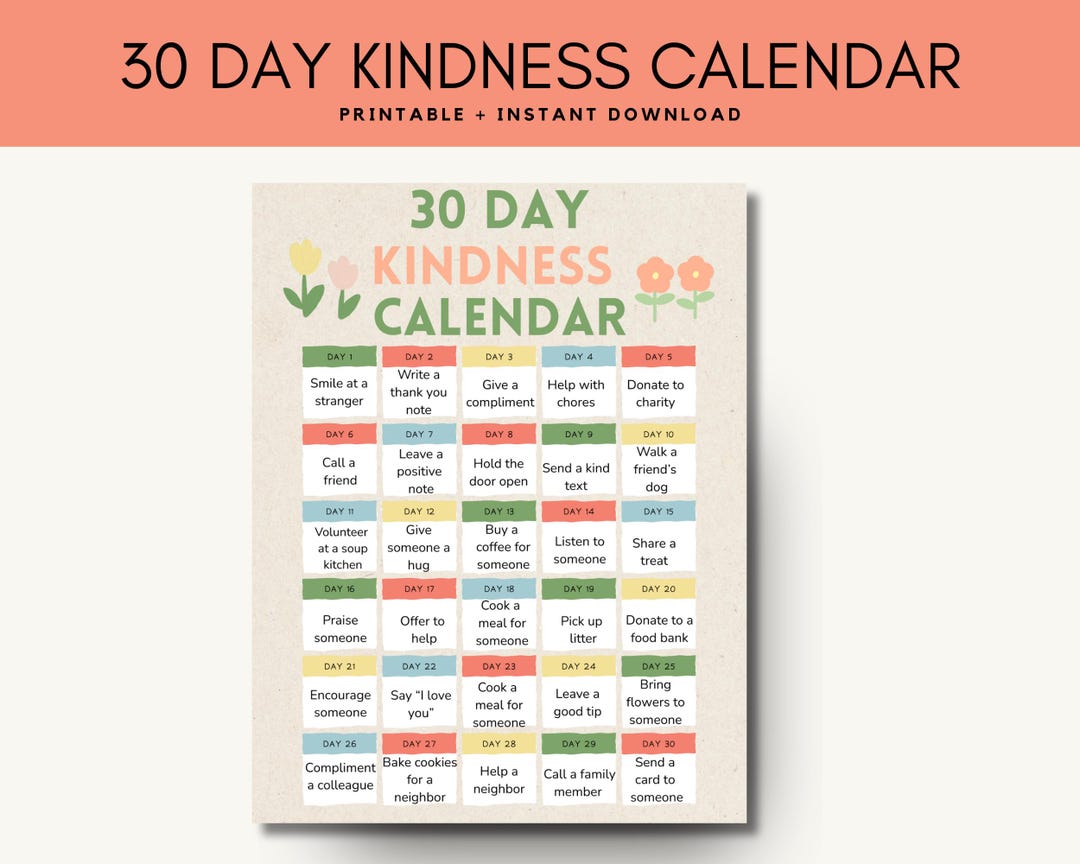 30 Day Kindness Calendar Printable - Etsy UK