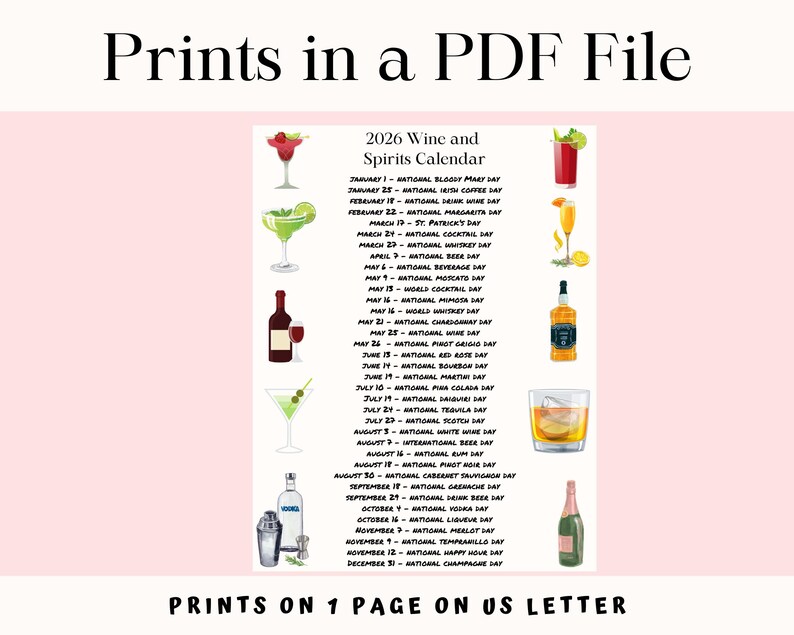 2026 Wine & Spirits Calendar: Special Drink Days (PDF Download) - Etsy