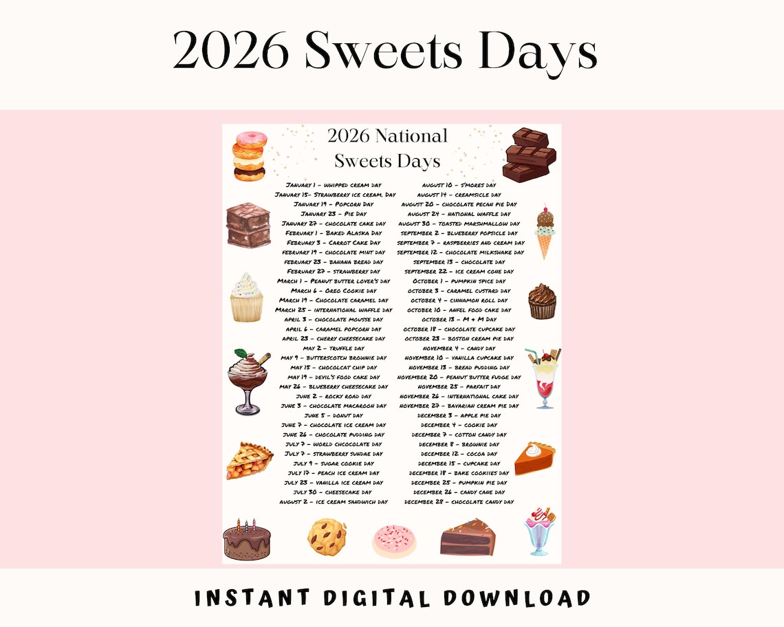 2026 National Sweets Days Calendar: Dessert Food Holiday Printable (PDF ...