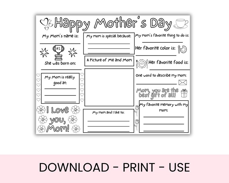 Mother's Day All About Mom Fill in the Blank, Gift for Mom, Mothers Day ...