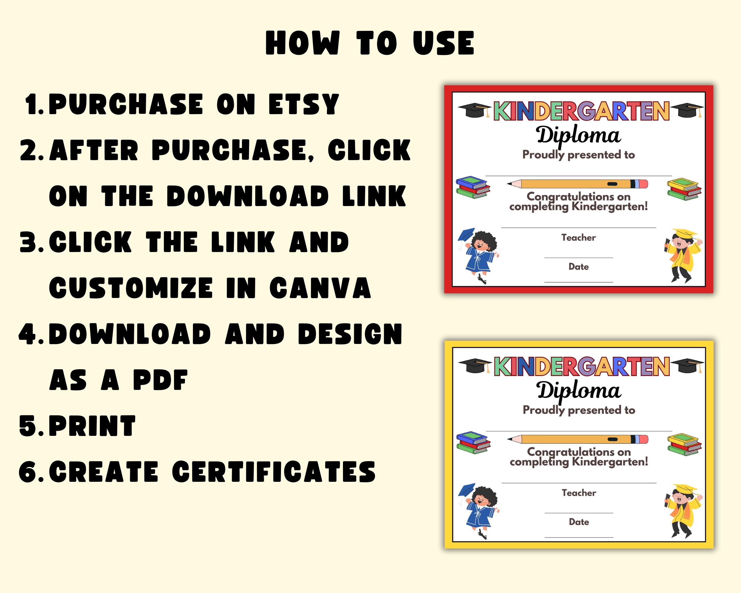 Editable Kindergarten Graduation Certificate: Diploma Keepsake (digital ...