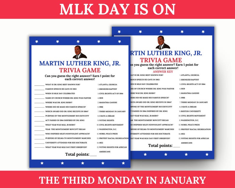 Martin Luther King Trivia Game MLK Day Trivia Classroom Activity ...