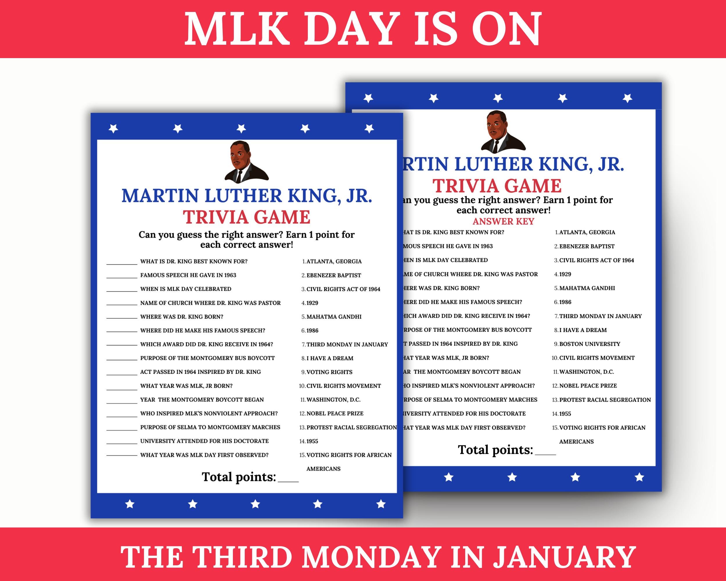 Martin Luther King Trivia Game - MLK Day Trivia - Classroom Activity ...